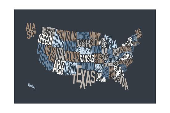United States Text Map Art Print by Michael Tompsett | Art.com