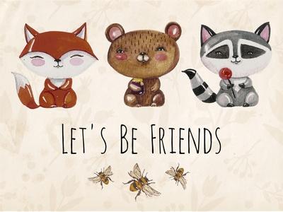 'Vector Lovely Cute Illustration with Baby Fox, Bear, Raccoon and Bees ...