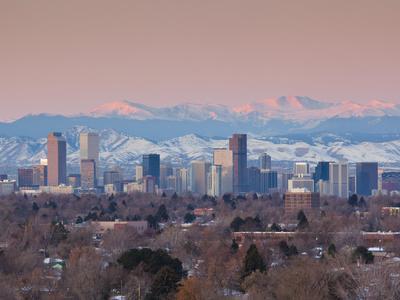 'USA, Colorado, Denver, City View and Rocky Mountains from the East ...