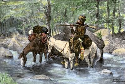 'White Trapper Crossing a Mountain Stream' Giclee Print | Art.com