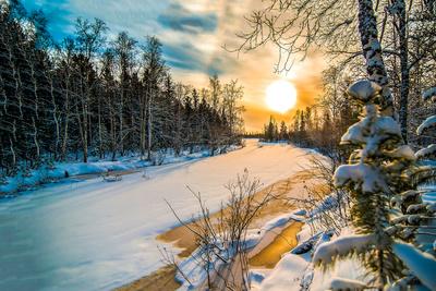 'Winter Forest River Snow Sunset Scene. Snow Covered River in Winter ...