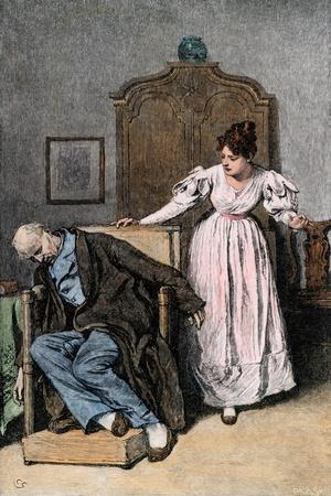 Woman Discovering a Dead Old Man Sitting in His Chair. Giclee Print ...