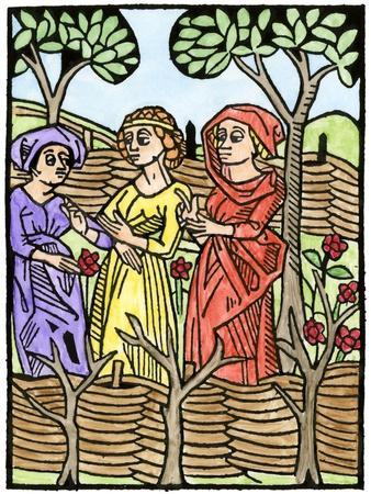 'Women in a Rose Garden with Enclosure in the Middle Ages. Illustration ...