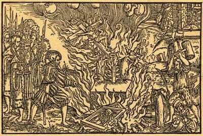 Woodcut of Men Burning Religious Symbols Giclee Print | Art.com